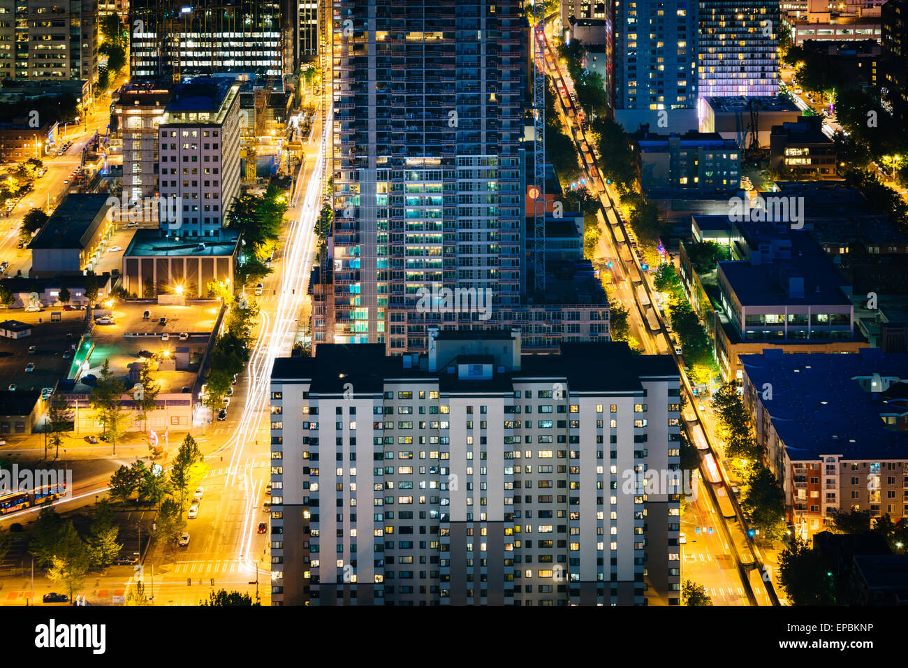 View of buildings and streets in downtown Seattle at night, in Seattle ...