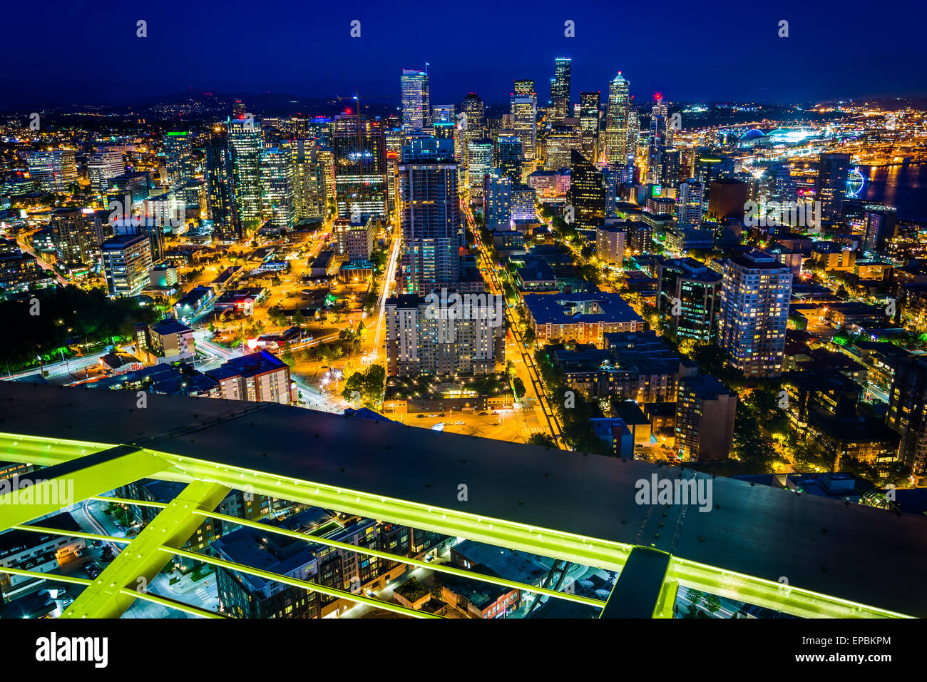 View of the downtown Seattle skyline at night, in Seattle, Washington ...