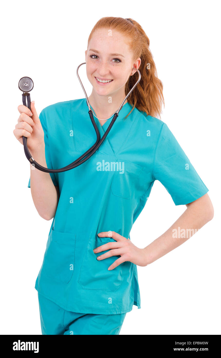 Young medical trainee with stethoscope isolated on white Stock Photo ...