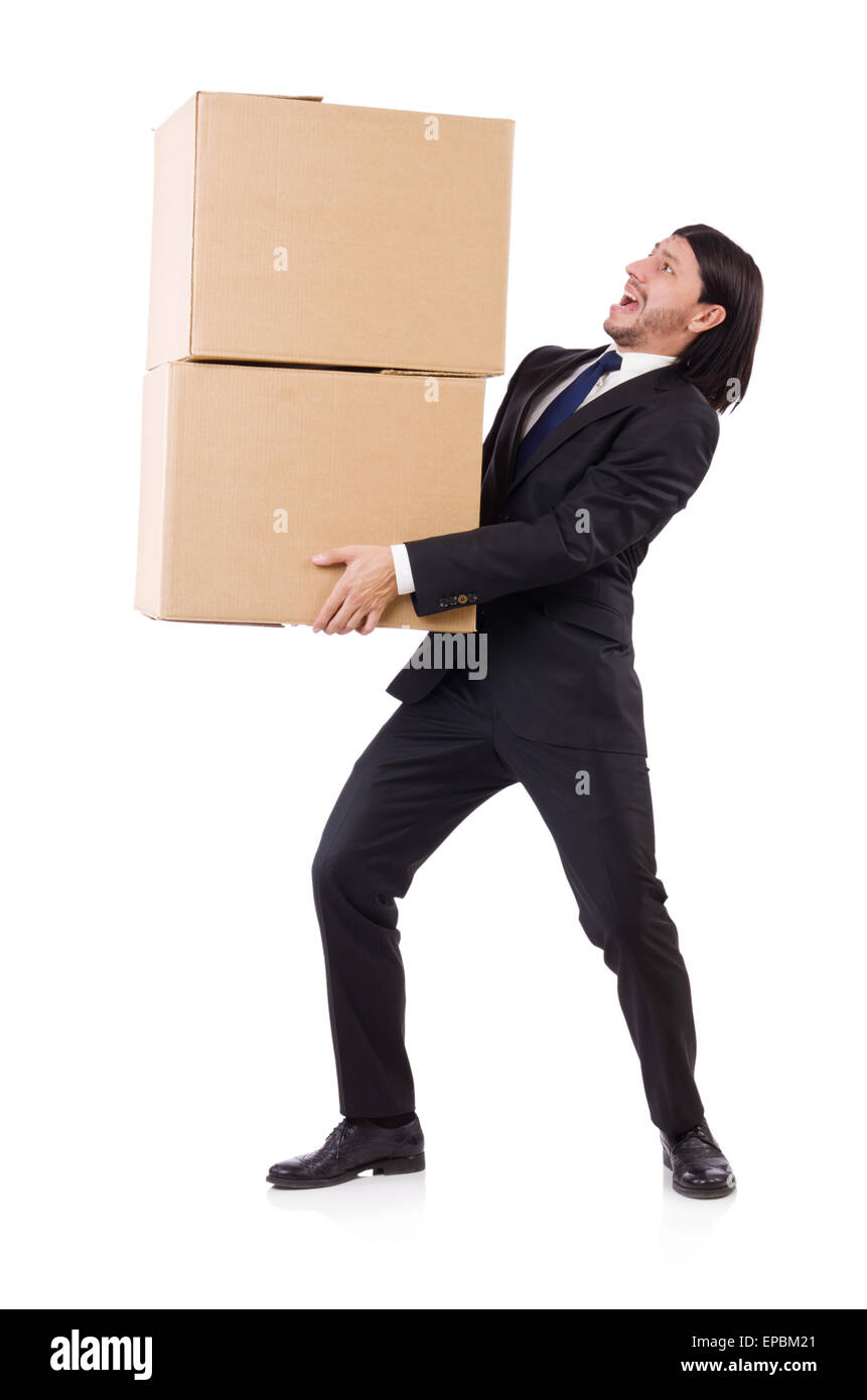 Funny man with boxes on white Stock Photo - Alamy