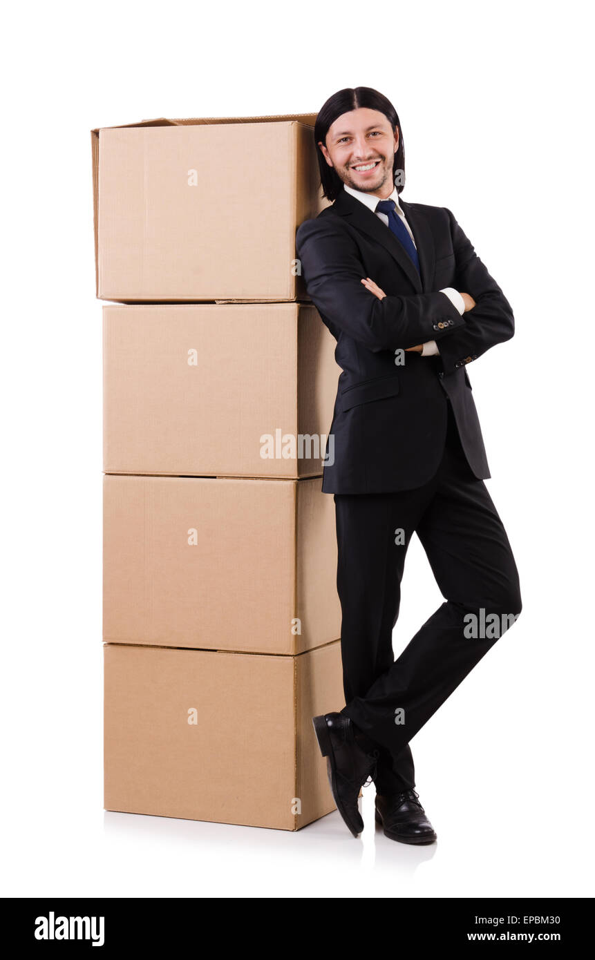 Funny man with boxes on white Stock Photo - Alamy
