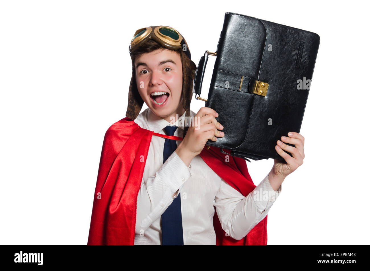 Funny here with briefcase isolated on the white Stock Photo - Alamy