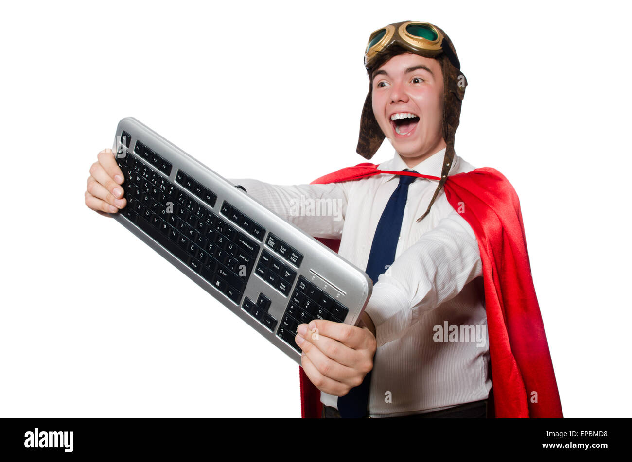 Funny hero with keyboard isolated on the white Stock Photo - Alamy