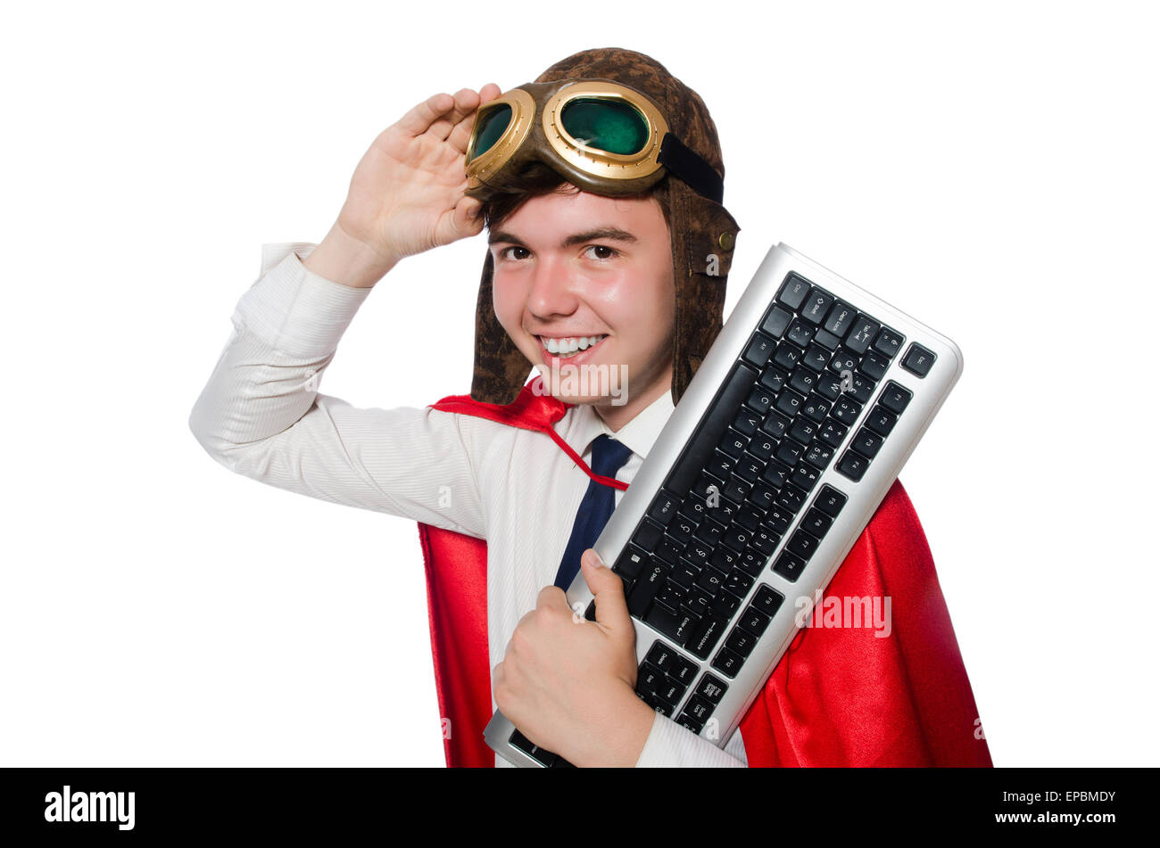 Funny hero with keyboard isolated on the white Stock Photo - Alamy