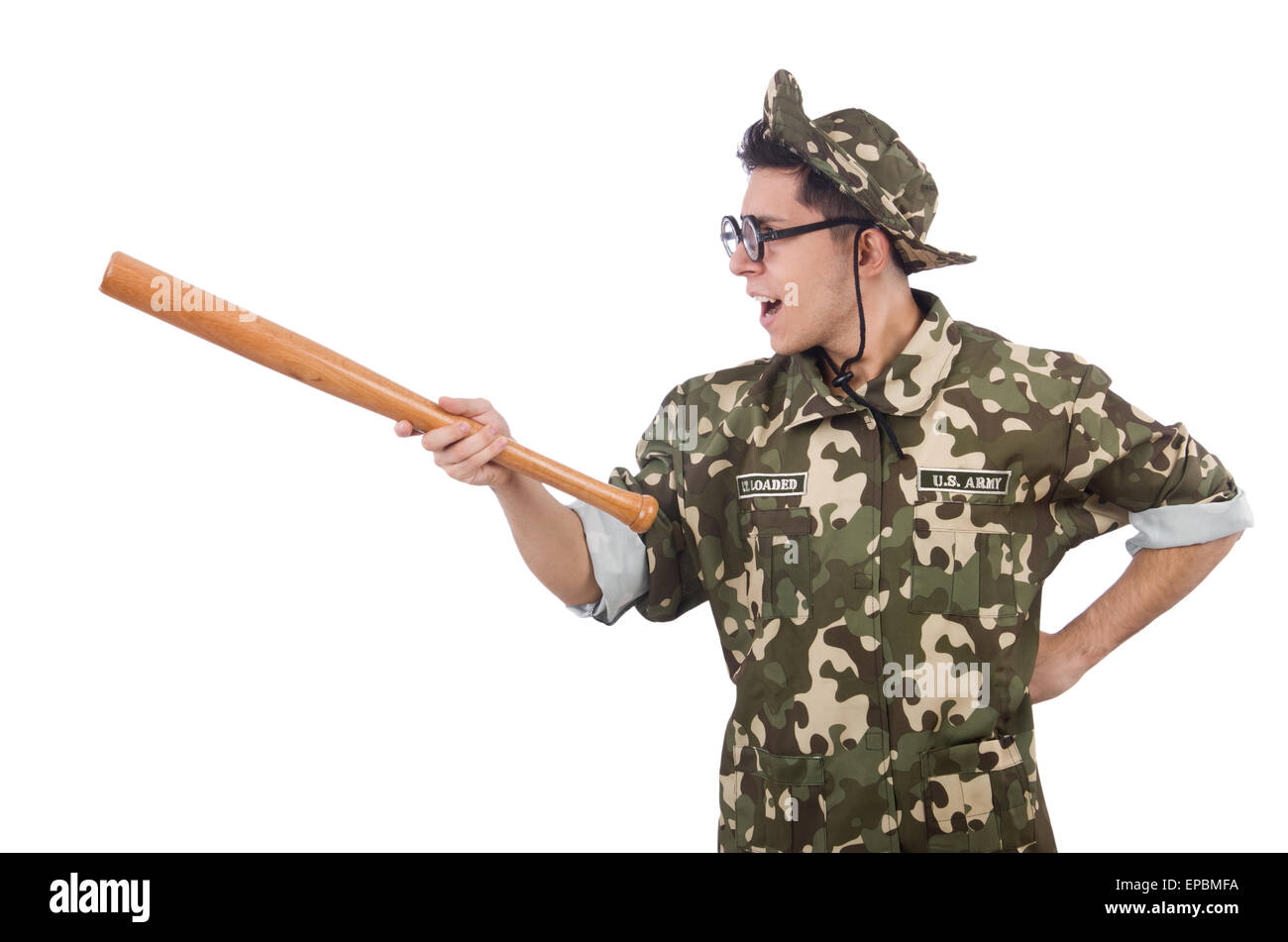 Soldier with baseball bat isolated on white Stock Photo - Alamy