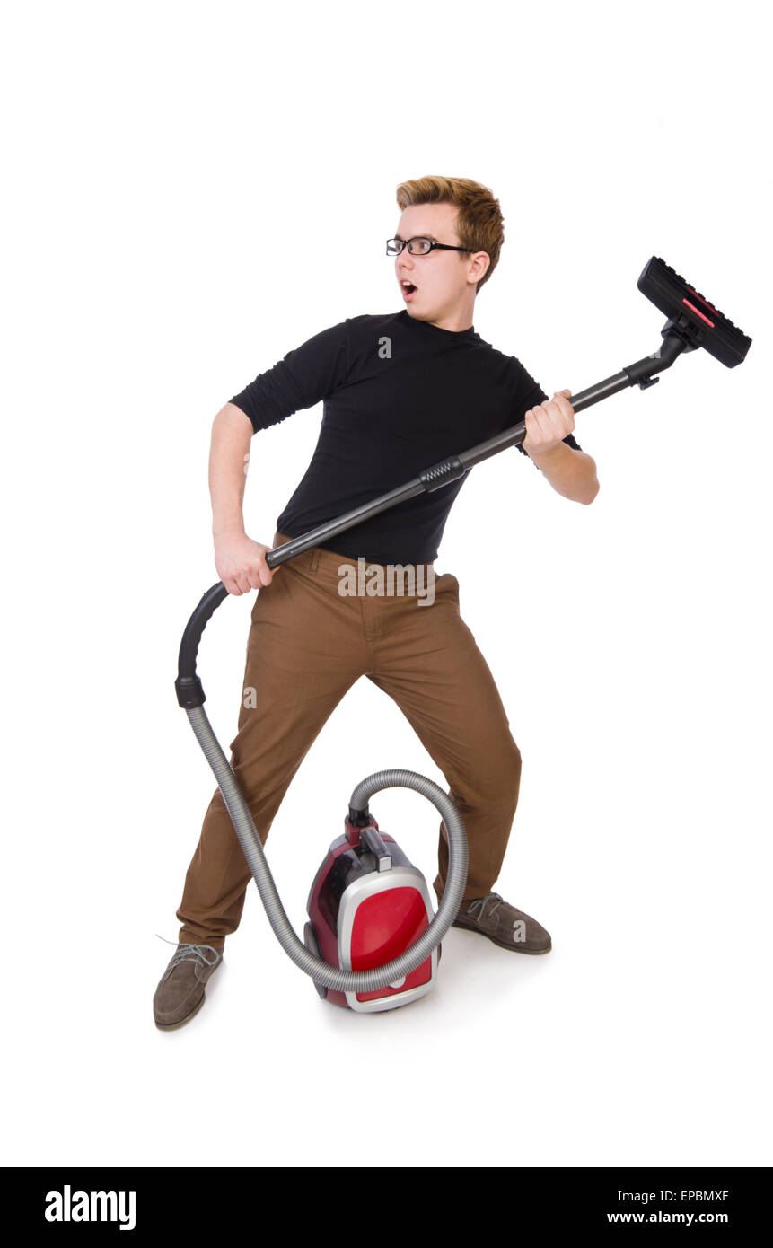 Funny man with vacuum cleaner on white Stock Photo - Alamy