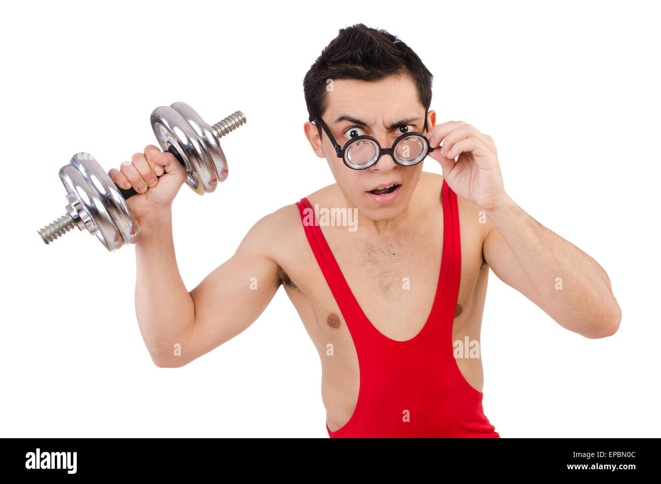 Funny guy with dumbbels on white Stock Photo - Alamy