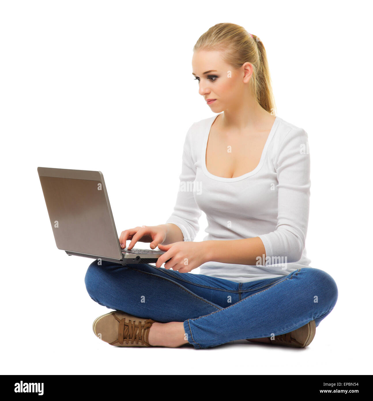 Young girl with laptop isolated Stock Photo - Alamy
