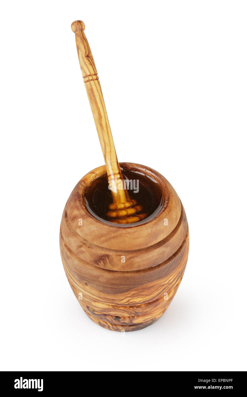wooden honey pot with dipper, isolated on white Stock Photo - Alamy