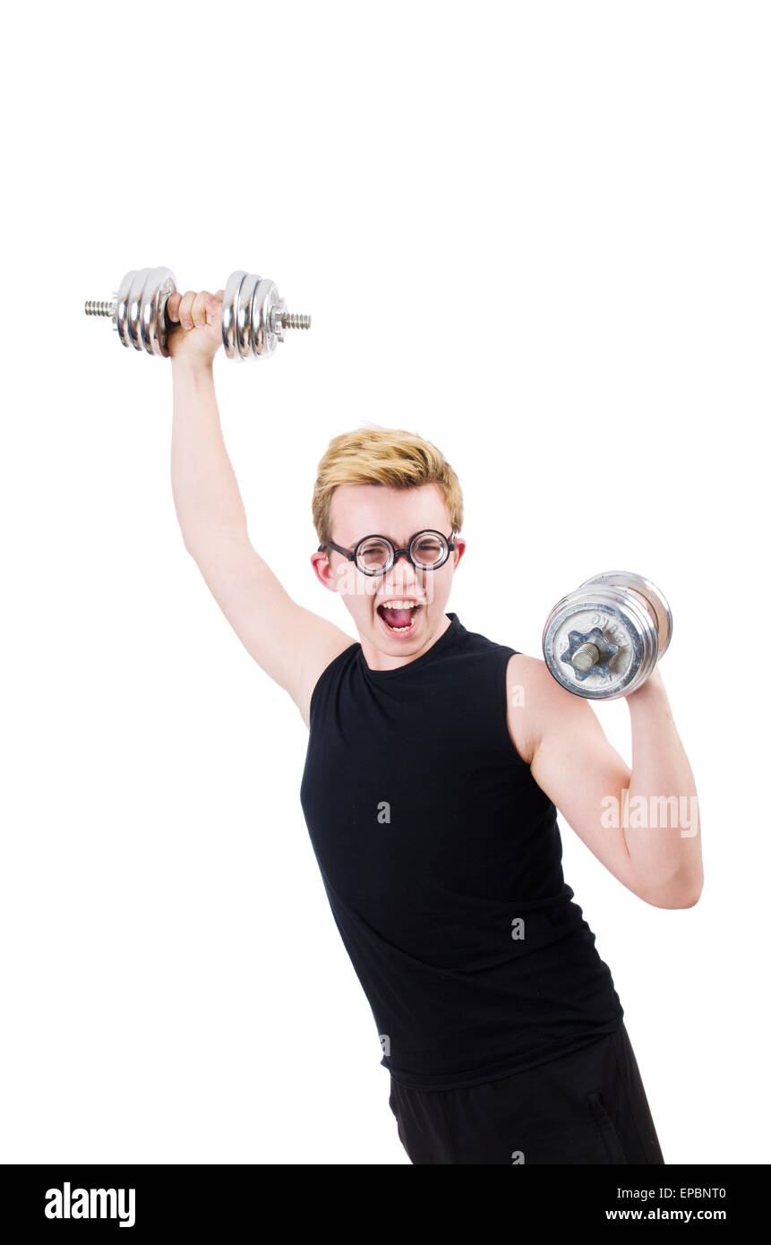 Man with dumbbells isolated on white Stock Photo - Alamy