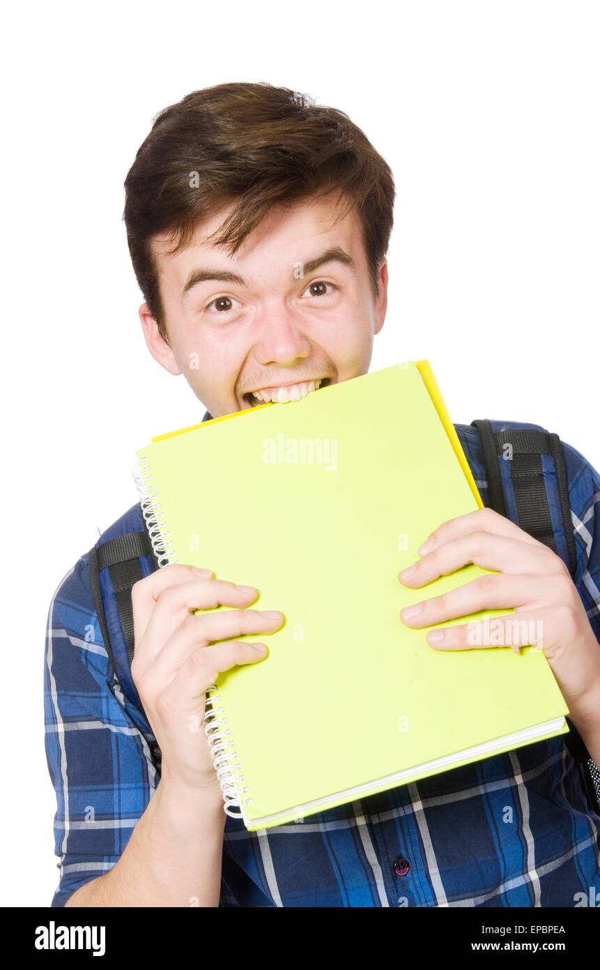 Young student with book on white Stock Photo - Alamy