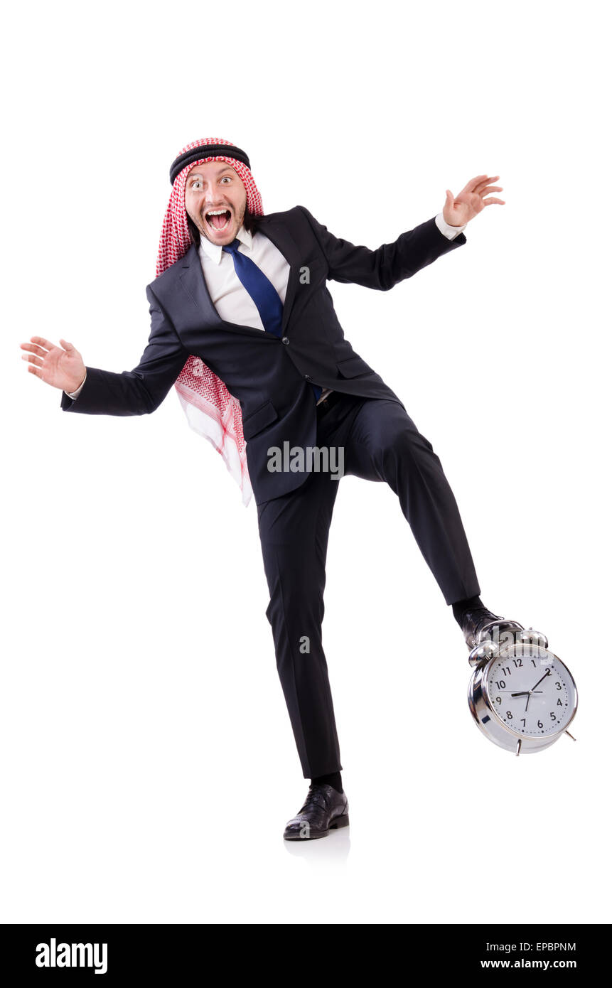 Arab man in time concept on white Stock Photo - Alamy