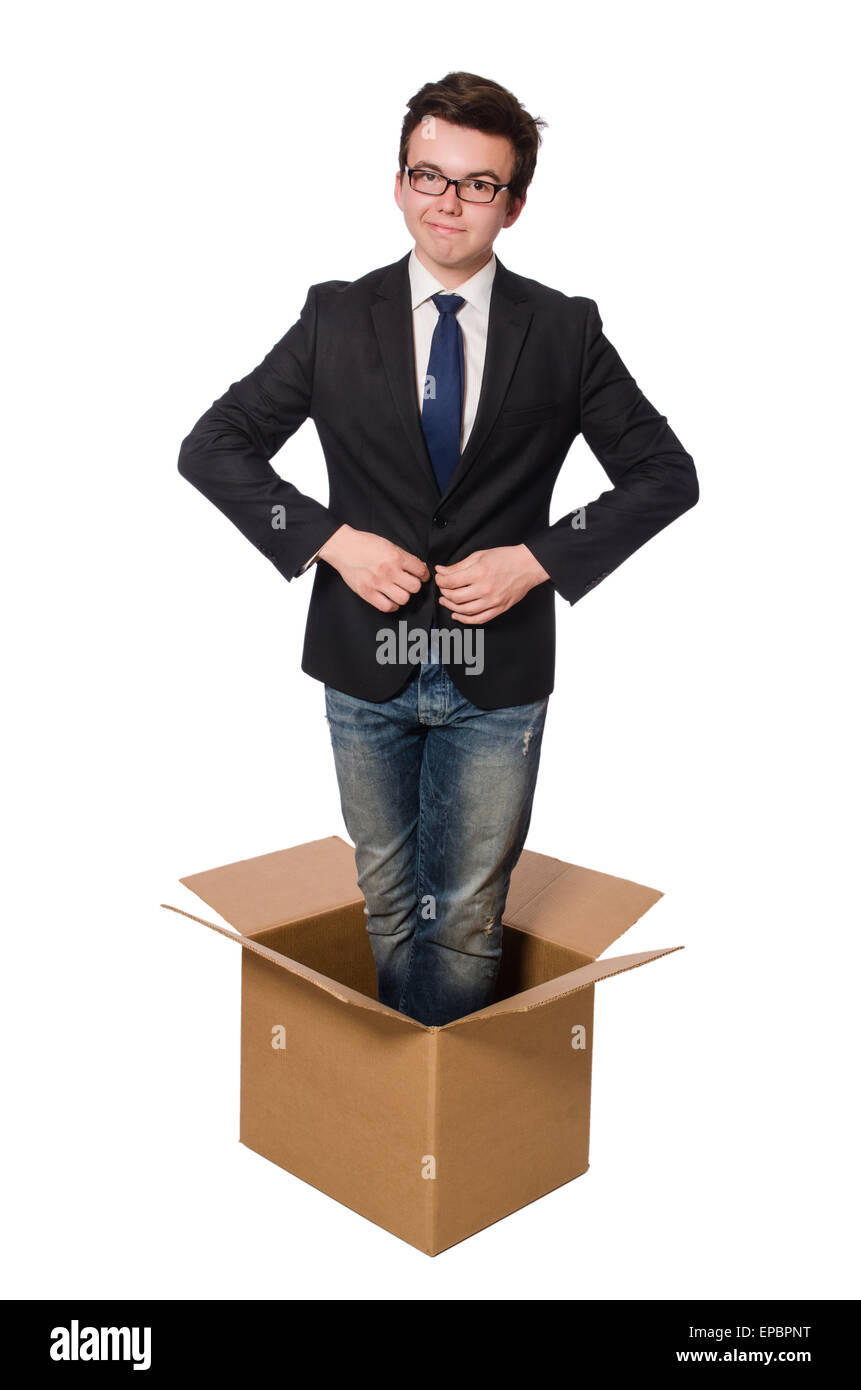 Funny man with boxes isolated on white Stock Photo - Alamy