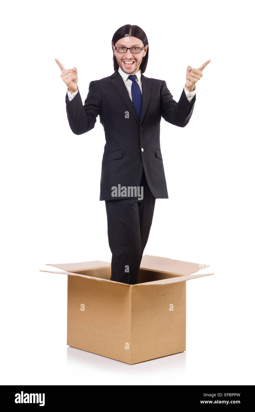 Man in thinking out of the box concept Stock Photo - Alamy