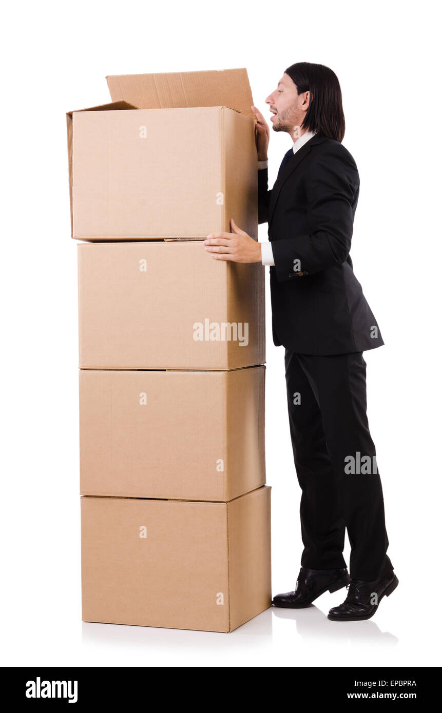 Funny man with boxes on white Stock Photo - Alamy