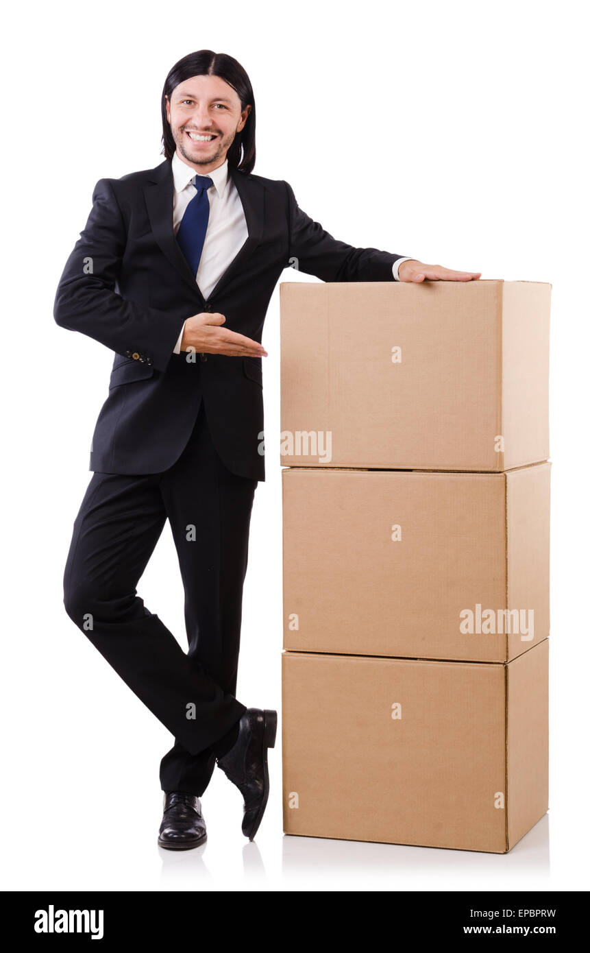 Funny man with boxes on white Stock Photo - Alamy