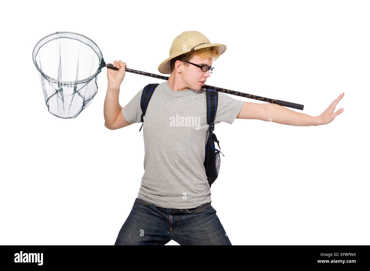 Funny guy with catching net on white Stock Photo - Alamy