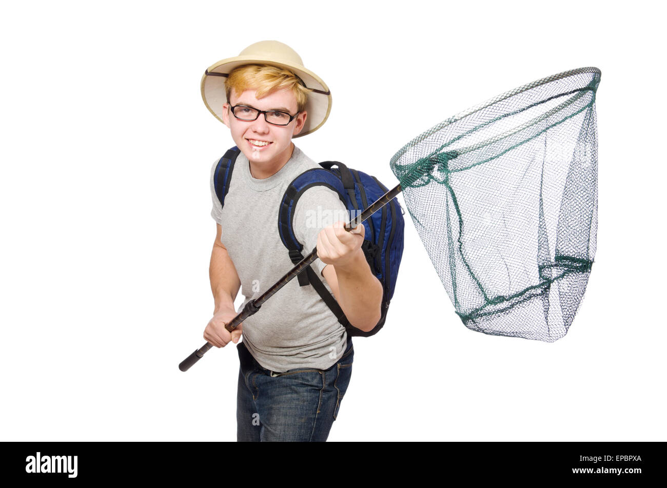 Funny guy with catching net on white Stock Photo - Alamy
