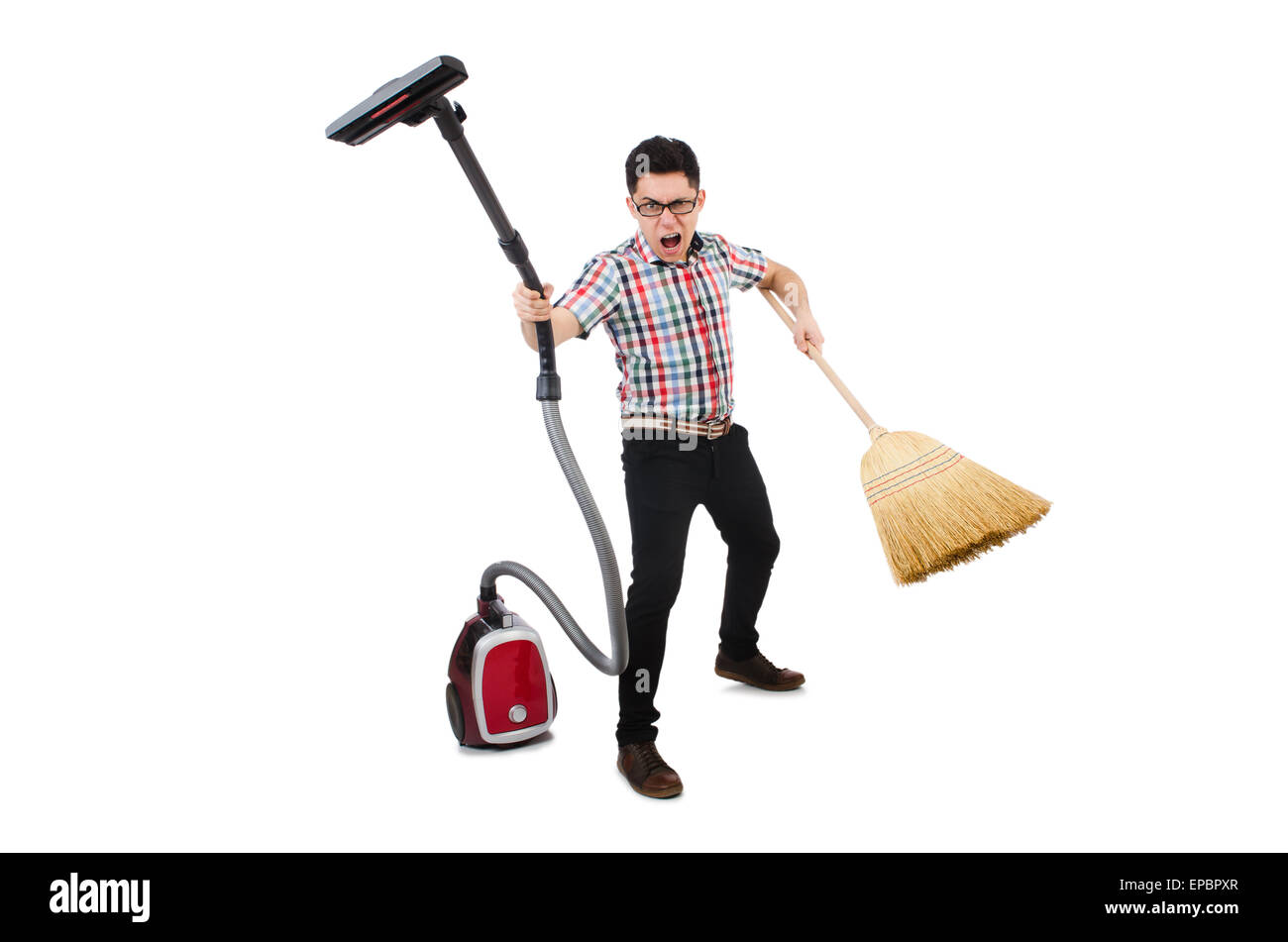 Man with vacuum cleaner and broom on white Stock Photo - Alamy