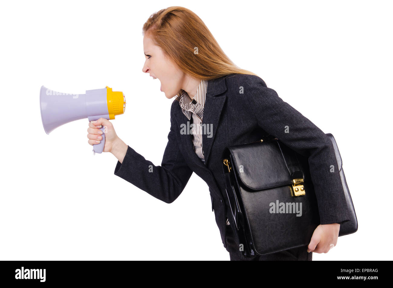 Woman with loudspeaker isolated on the white Stock Photo - Alamy