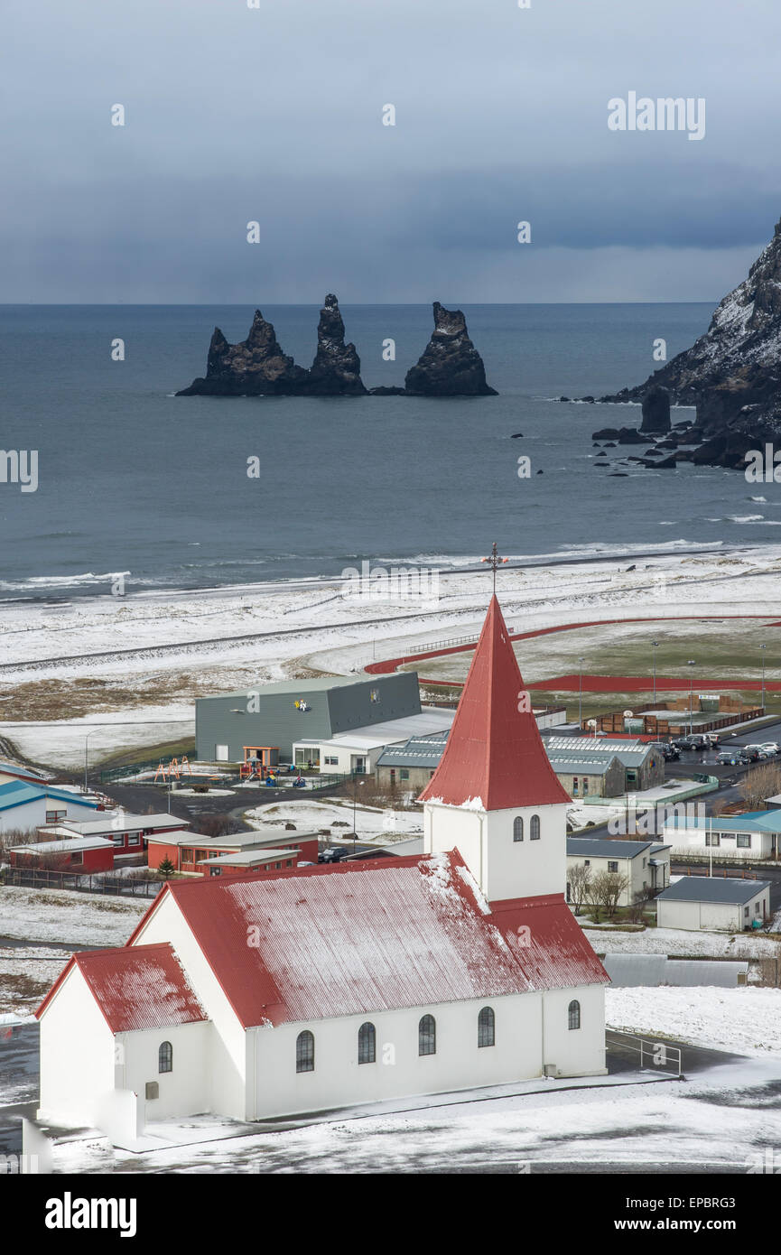 Vik Church overlooks the town of Vik in Iceland Stock Photo - Alamy