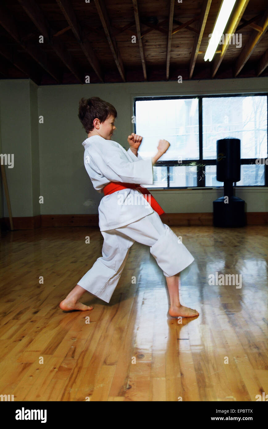 Boy in karate class demonstrating karate stance Stock Photo - Alamy