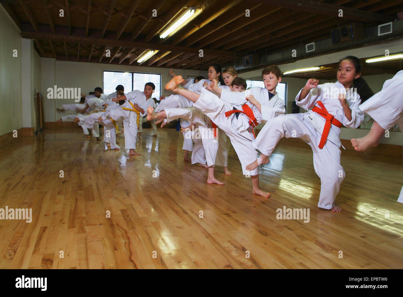 Kids in karate class demonstrating kicks Stock Photo - Alamy