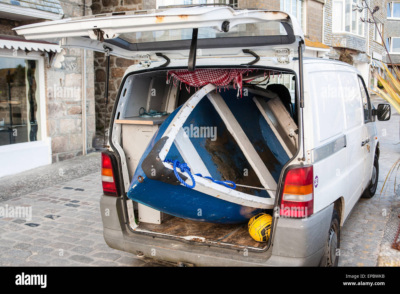 Fully loaded van with boat almost in it at St Ives harbour.Cornwall ...