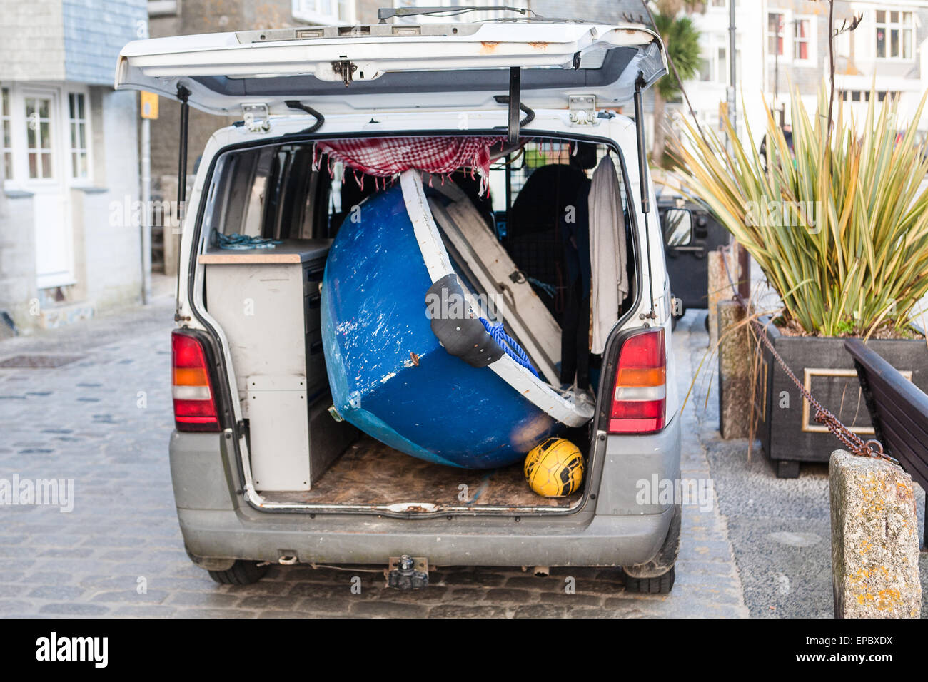Fully loaded van with boat almost in it at St Ives harbour.Cornwall ...