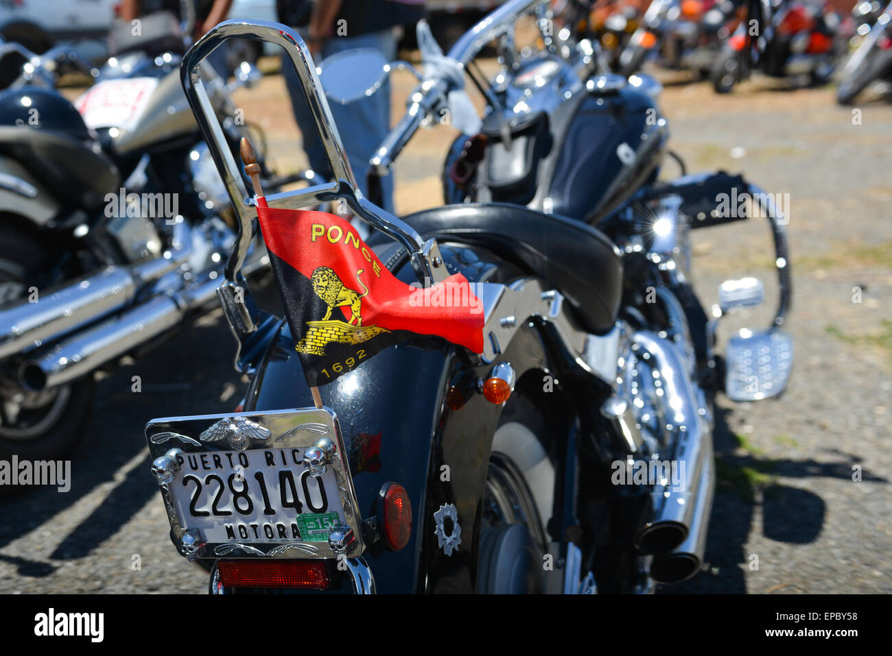 Motorcycle with a flag of the town of Ponce during a biker event in ...