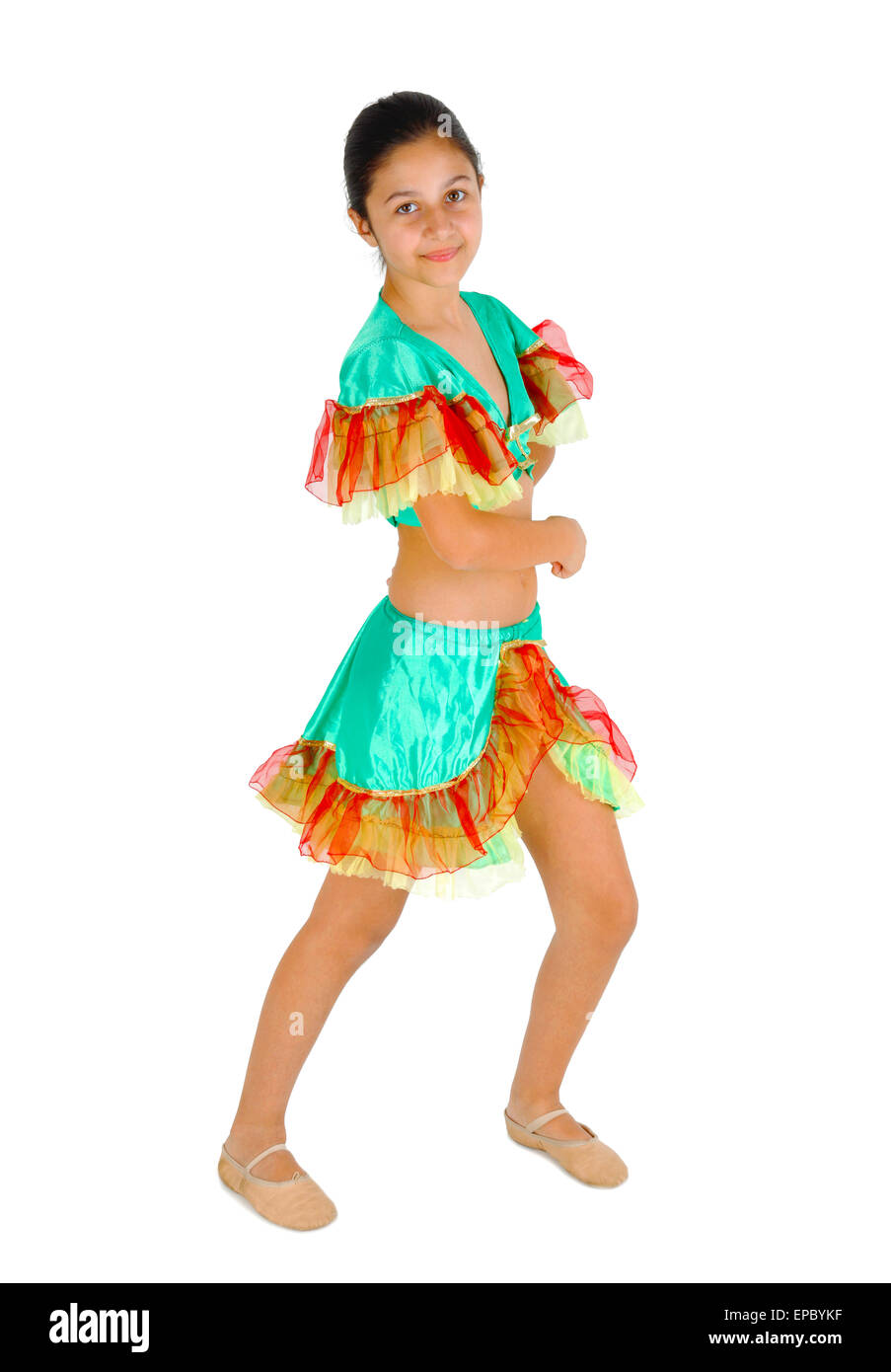 Teenage girl dancing with Latin American clothing on white background ...