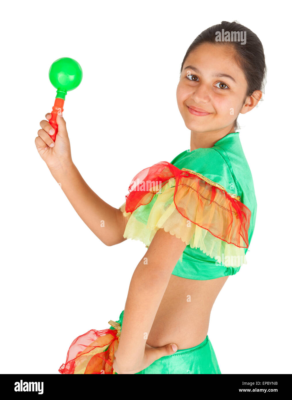 Teenage girl dancing with Latin American clothing on white background ...