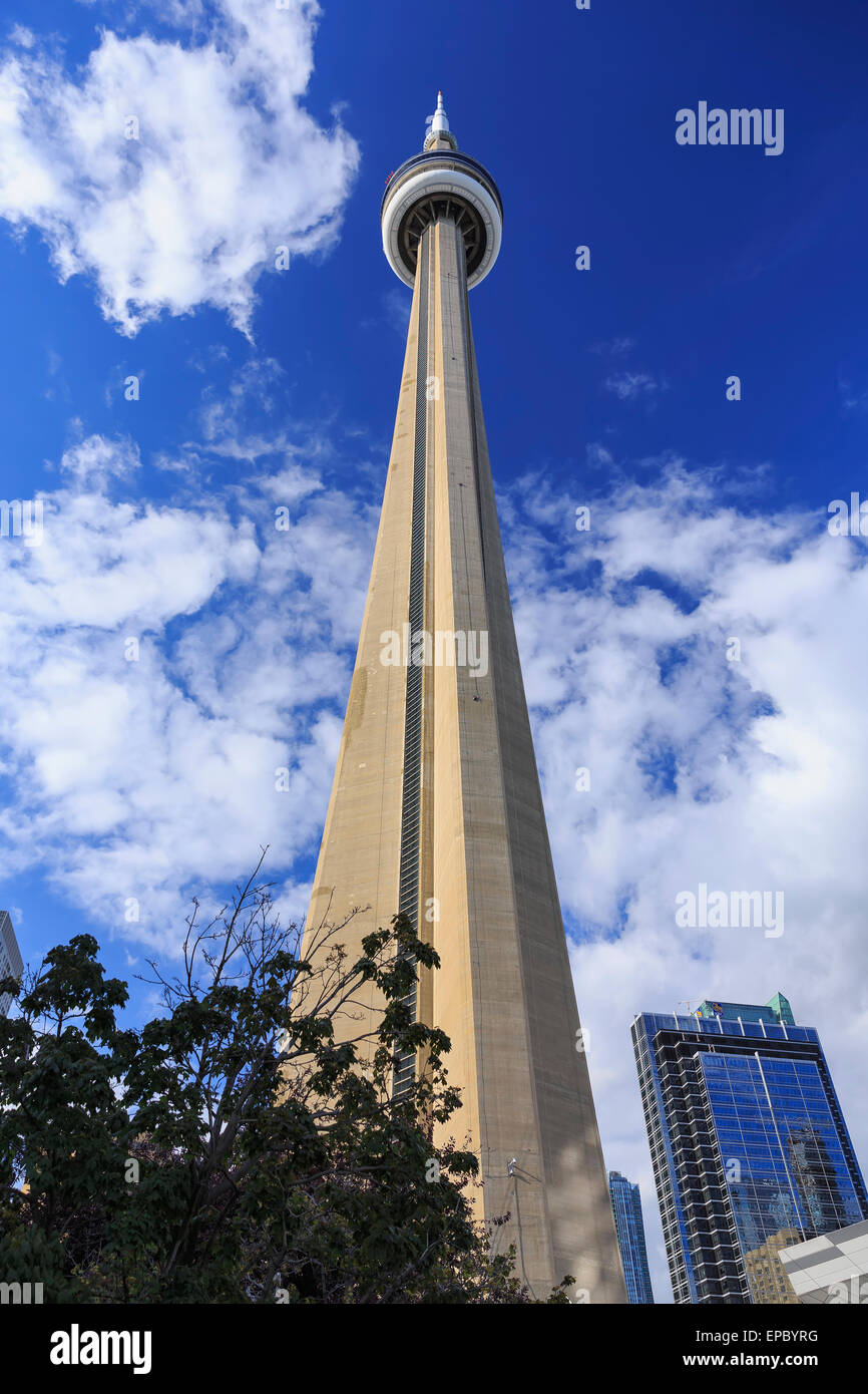 Low angle view of CN Tower against the sky; Toronto, Ontario, Canada ...