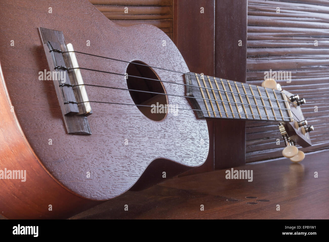Soprano Ukelele an exotic wooden stringed instrument of the Hawaiian ...