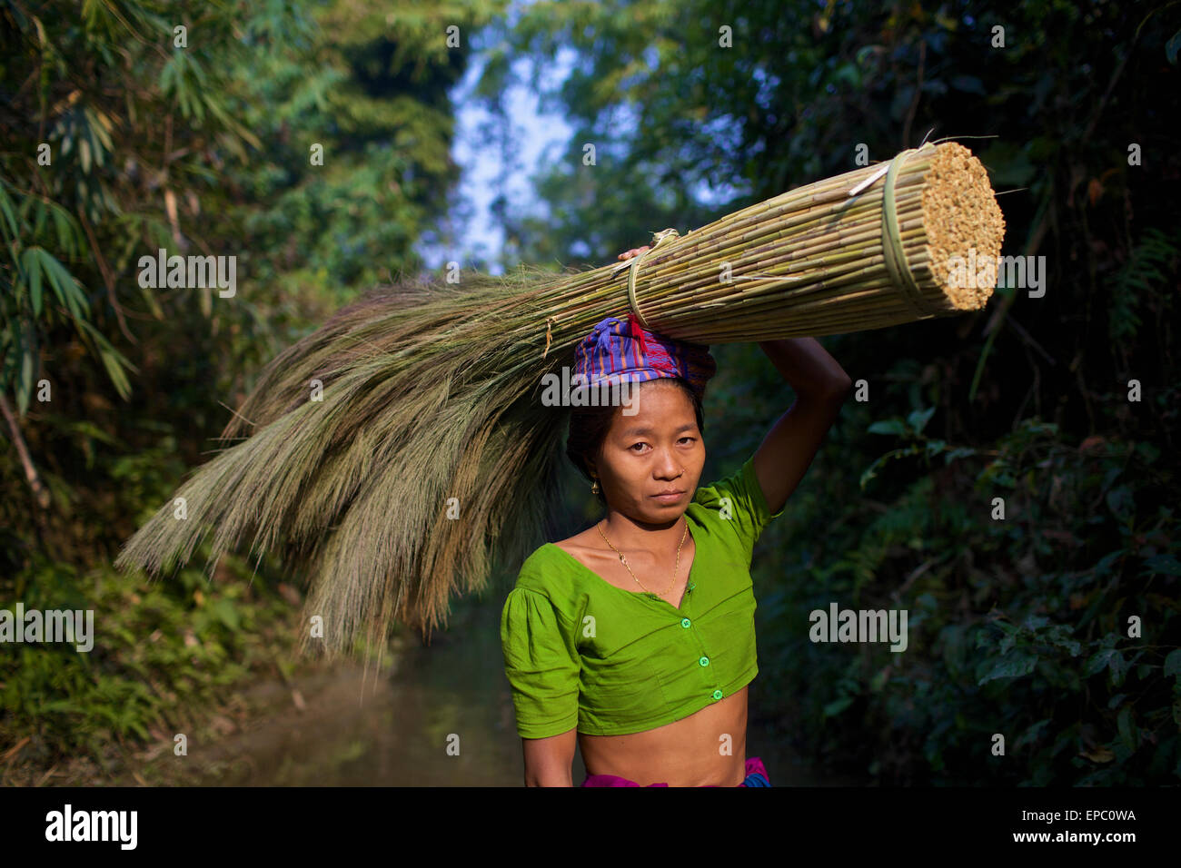 Chakma woman carrying bundle on way to market; Khagrachari, Chittagong ...