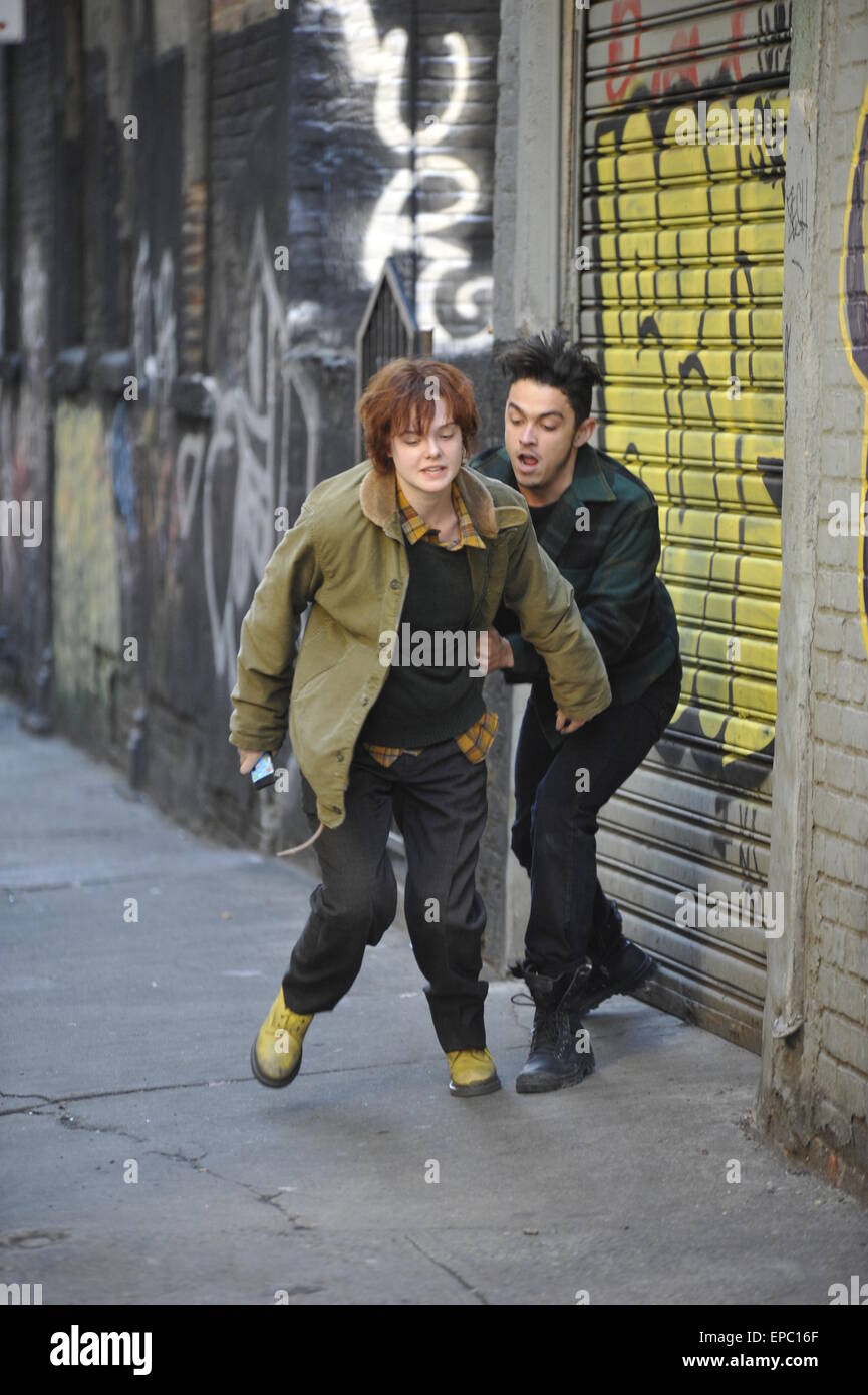 Elle Fanning shooting on location a scene on the set of her upcoming ...