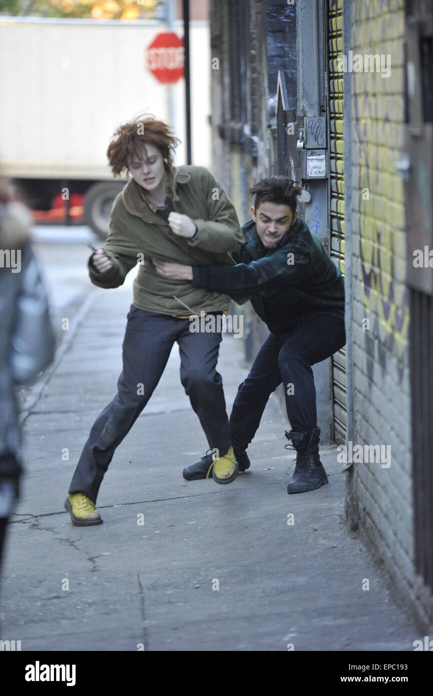 Elle Fanning shooting on location a scene on the set of her upcoming ...