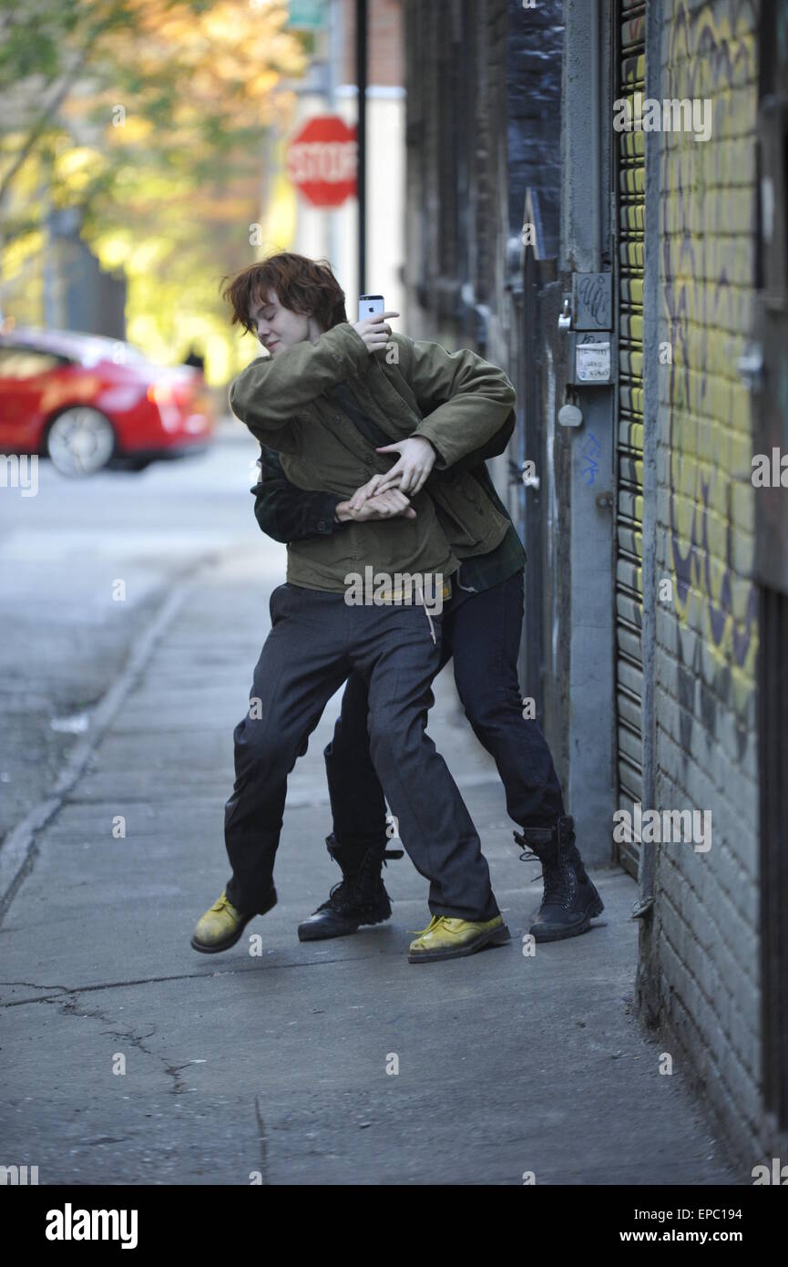 Elle Fanning shooting on location a scene on the set of her upcoming ...