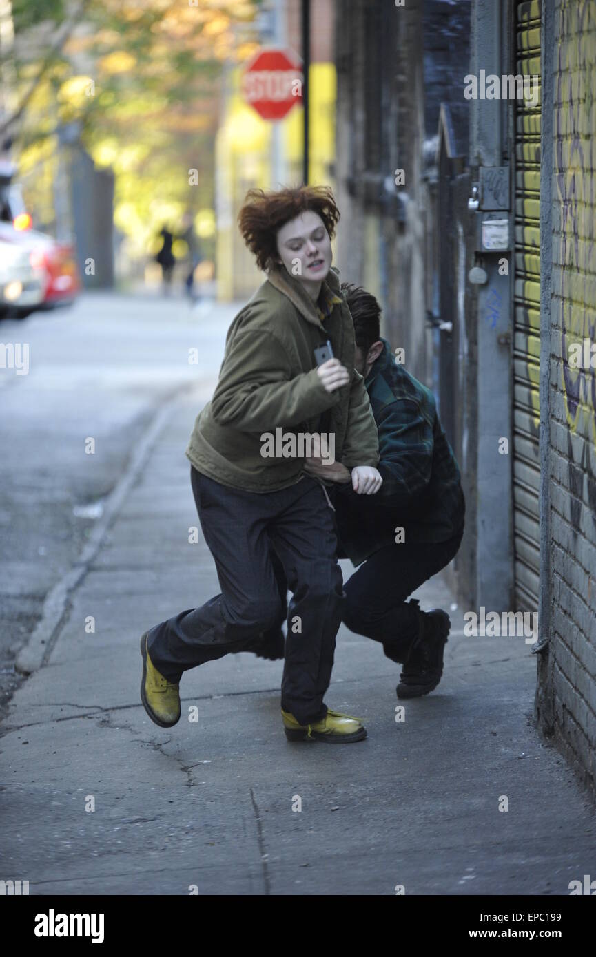 Elle Fanning shooting on location a scene on the set of her upcoming ...