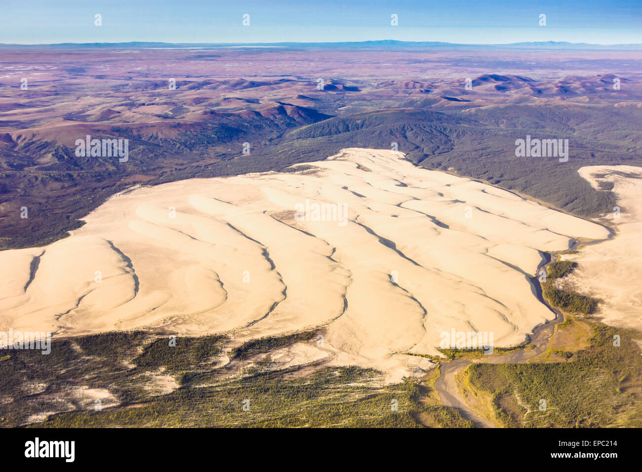 Aerial view of the Great Kobuk Sand Dunes and the Kobuk River, Arctic Alaska, summer Stock Photo ...