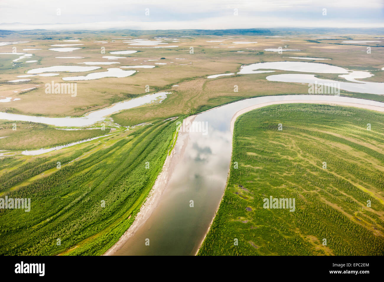 Aerial view of wetlands and lakes along the Kobuk River, Arctic Alaska ...