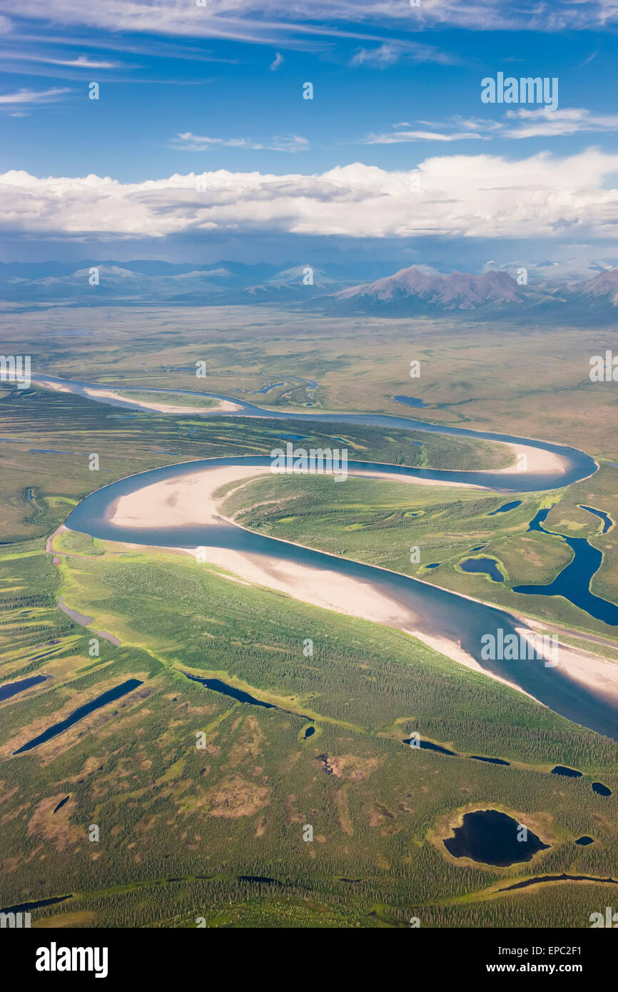 Aerial view of the Kobuk River with the Baird Mountains visible in the ...