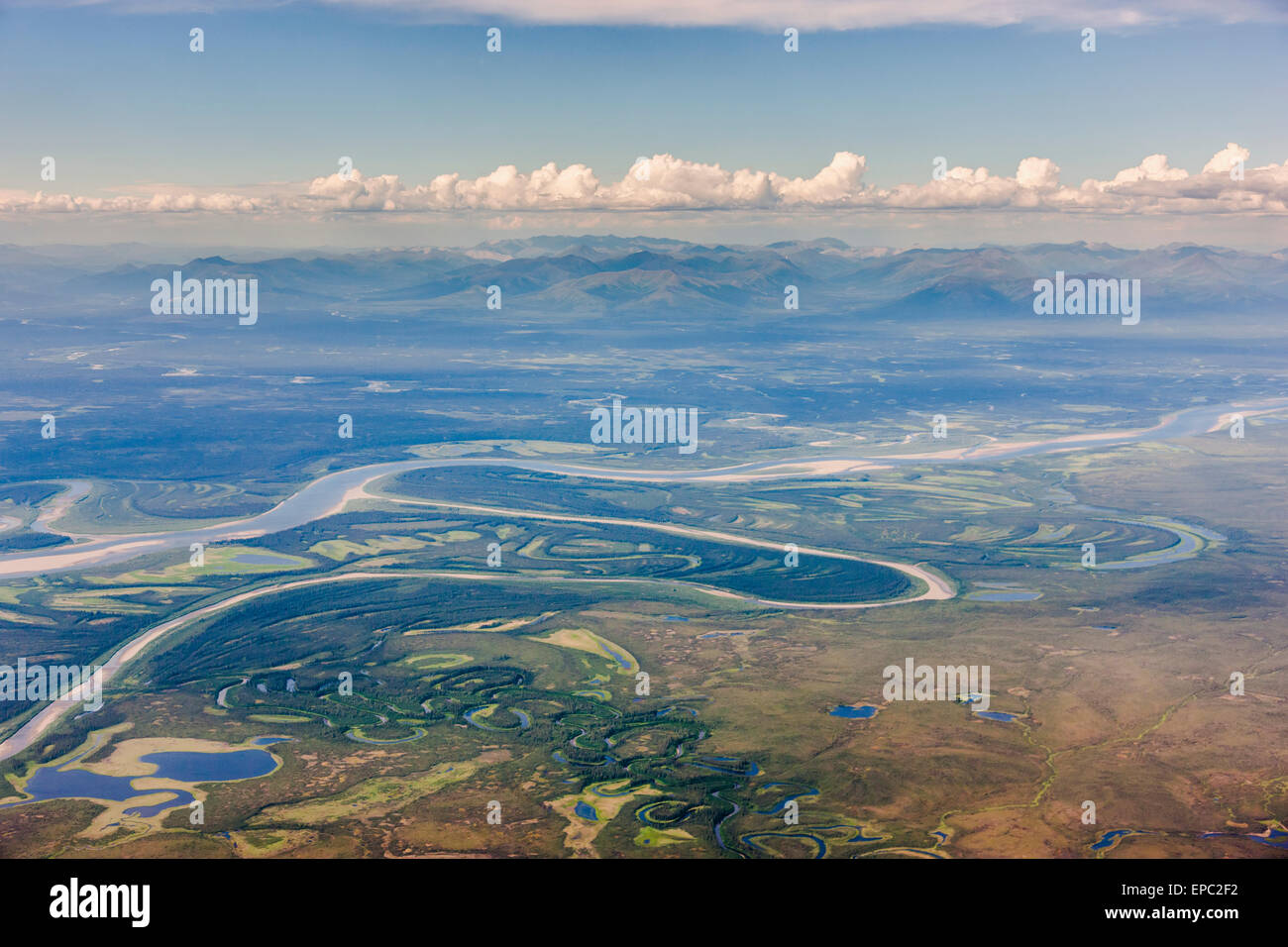 Aerial view of the Kobuk River with the Baird Mountains visible in the ...