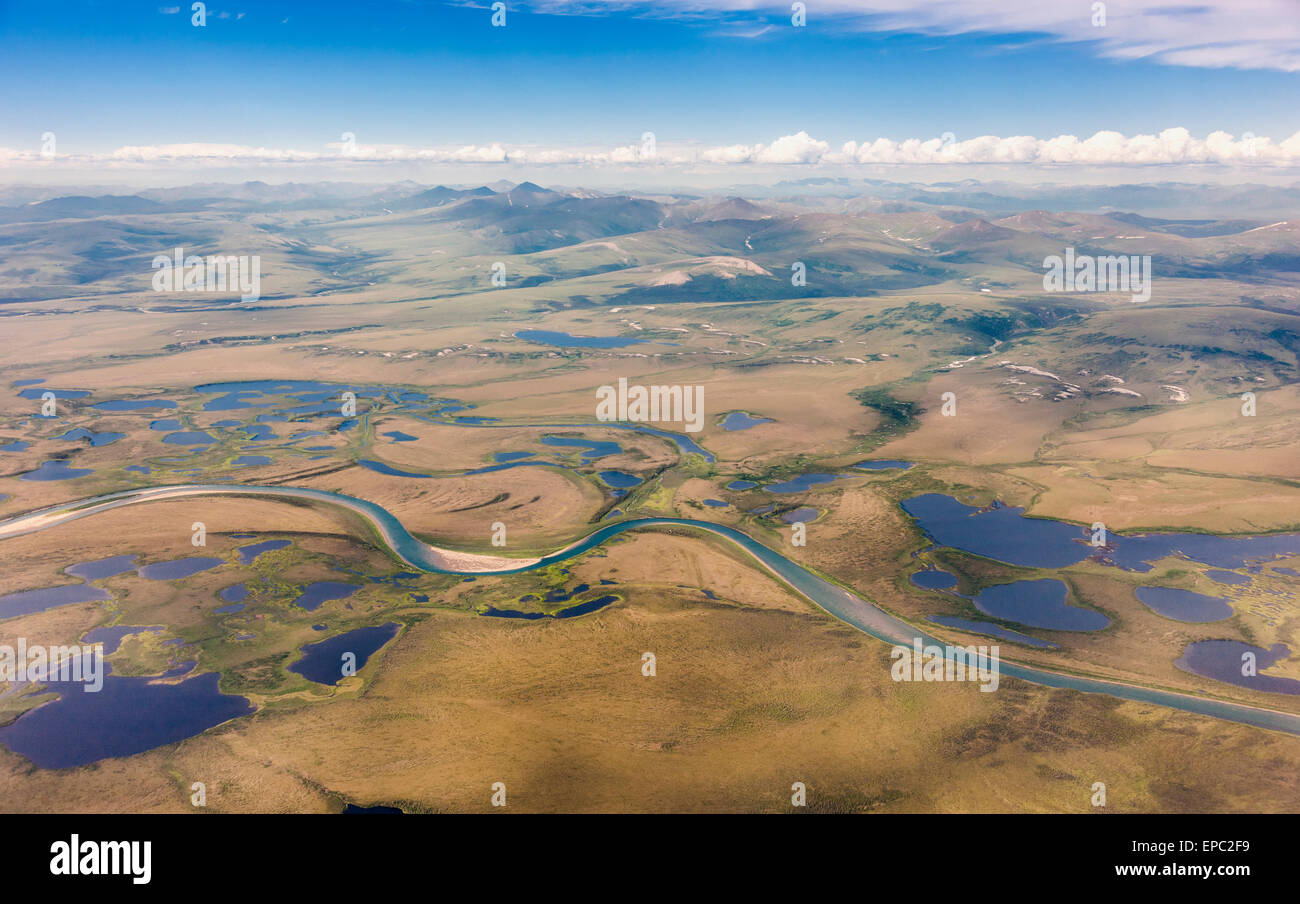Aerial view of the Kobuk River with the Baird Mountains visible in the ...