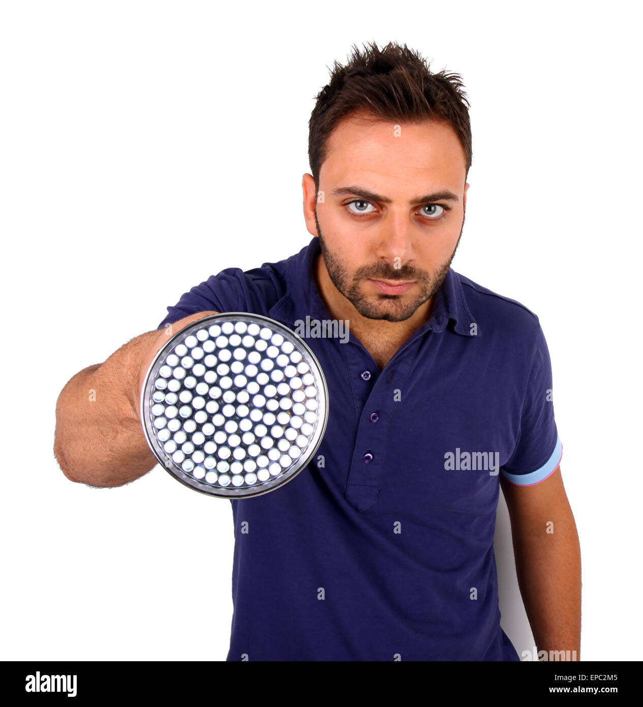 Man searching with flashlight on white background Stock Photo - Alamy