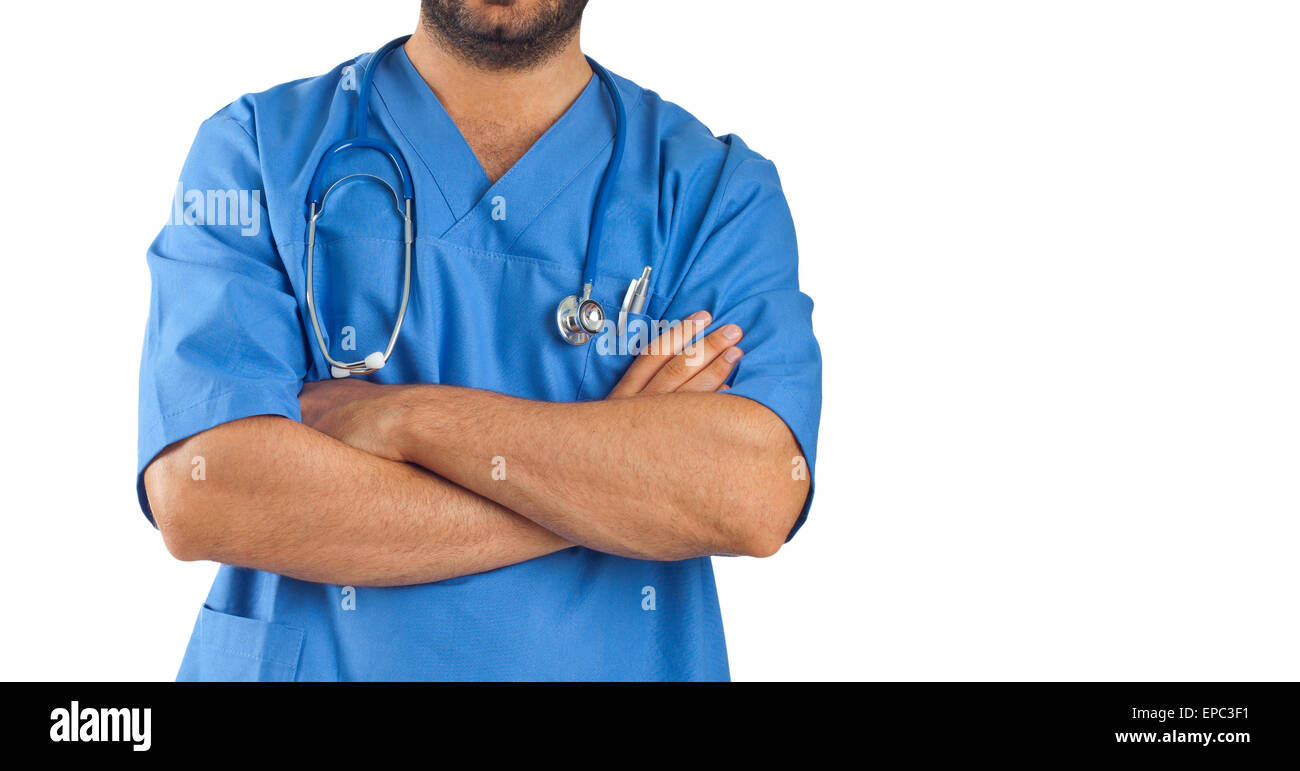 Close up of a man's arms crossed of medical staff on white background ...