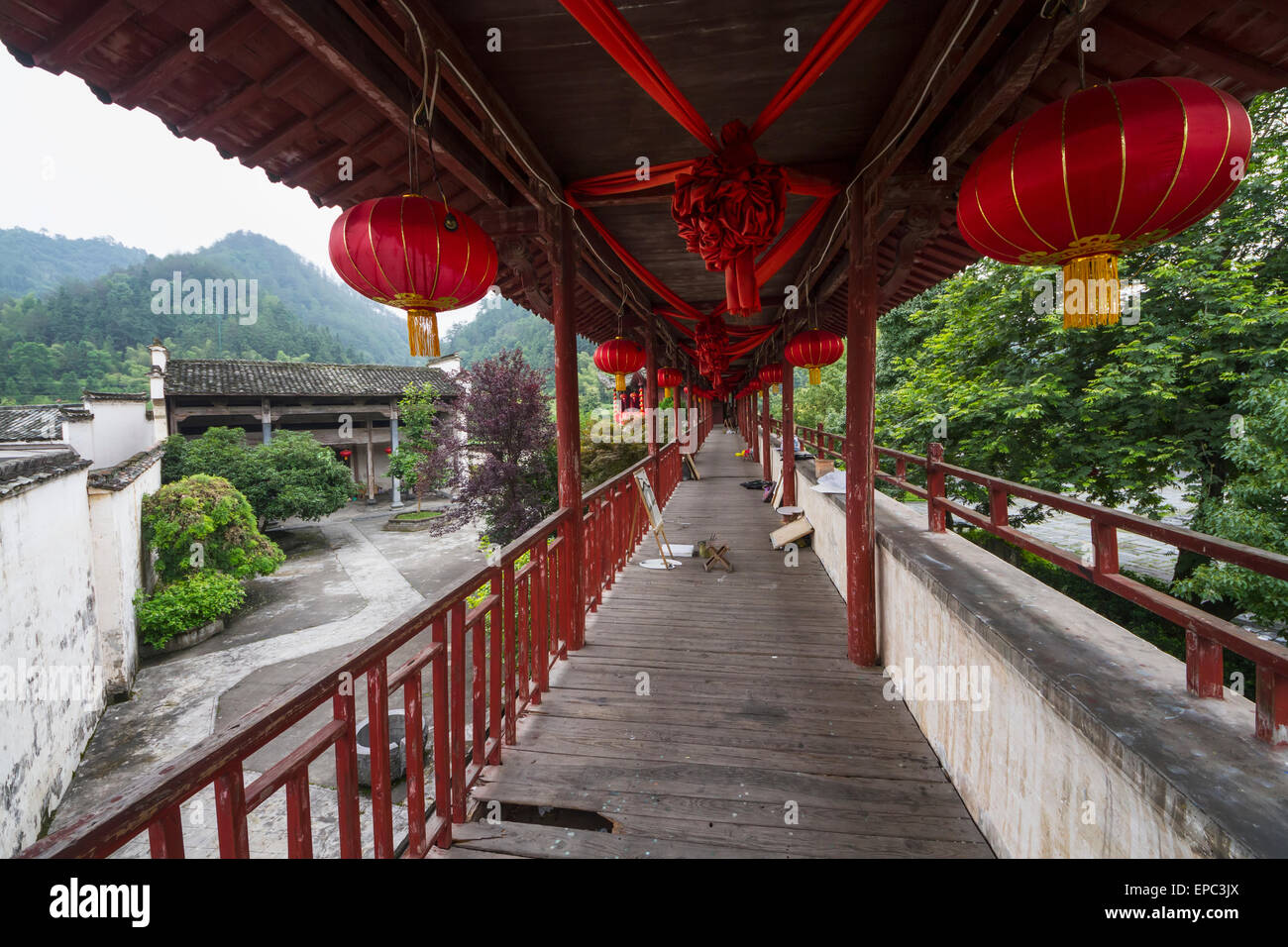 Corridor on the second floor of the Walking Horse Tower, Xidi, Anhui ...