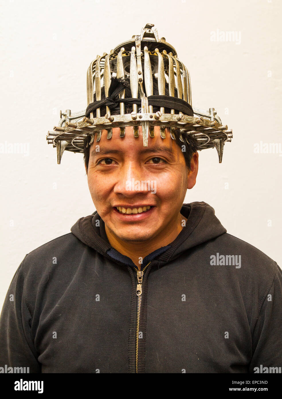 Man wearing a haberdashers fitting instrument at the Barranco Panama ...