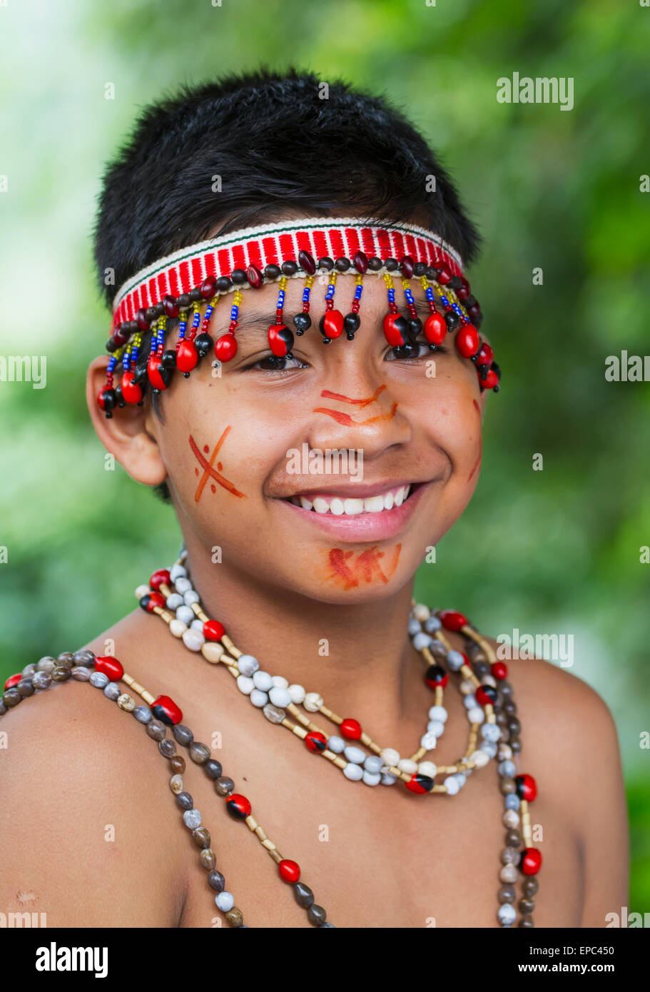 Shuar boy wearing traditional dress, Limon, Guayas, Ecuador Stock Photo ...