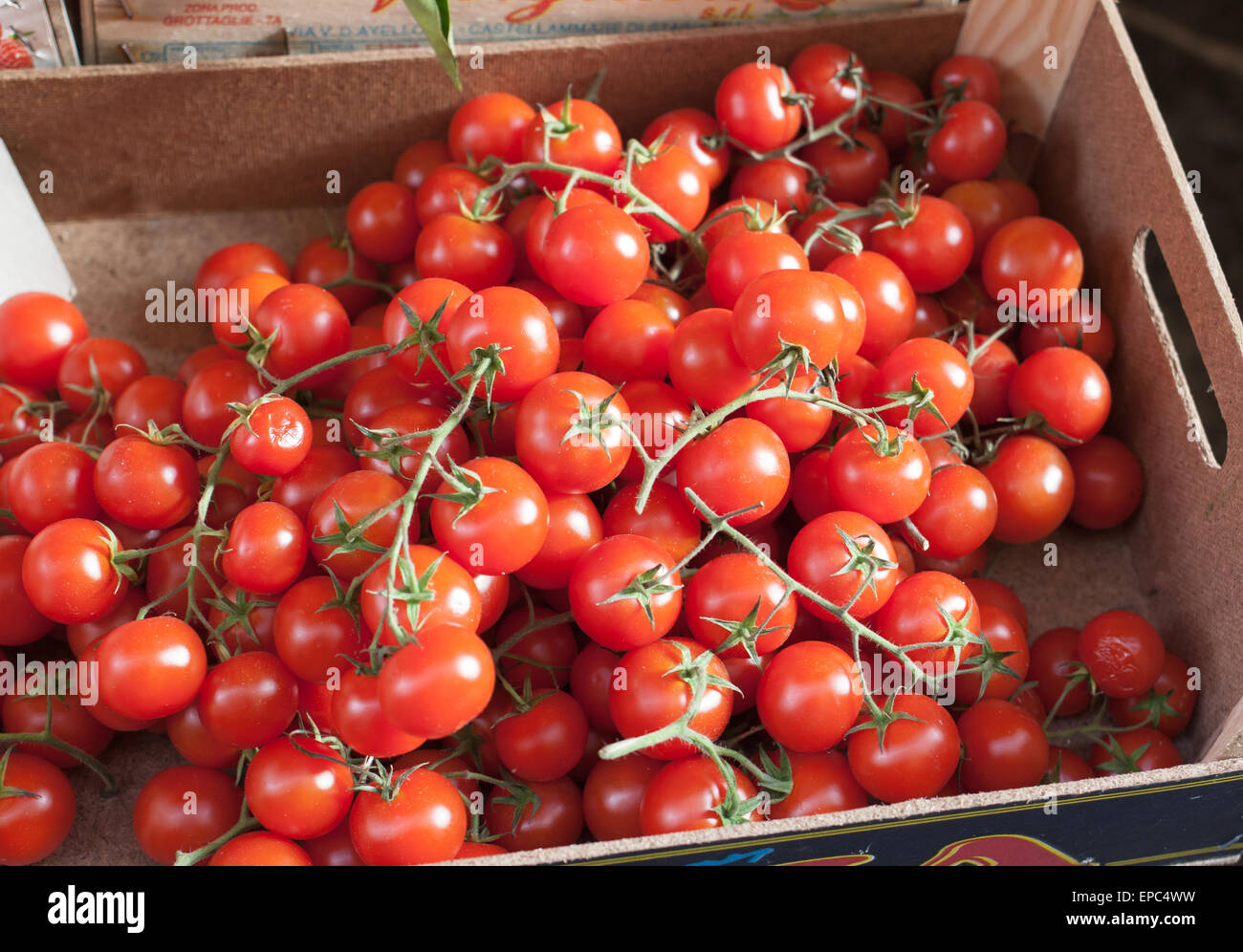 Sicilian box of bunches cherry tomatoes in outdoors market in Sorrento ...